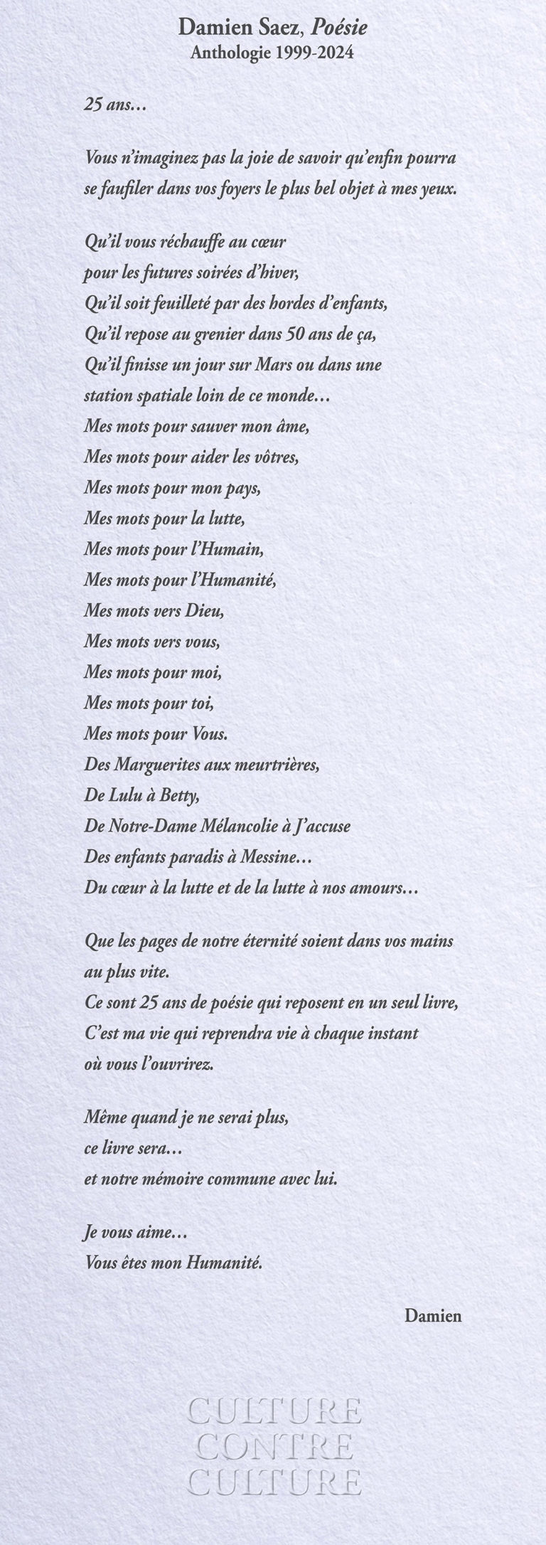 Mise en vente le 22 octobre 2024 du livre Poésie de Damien Saez ...